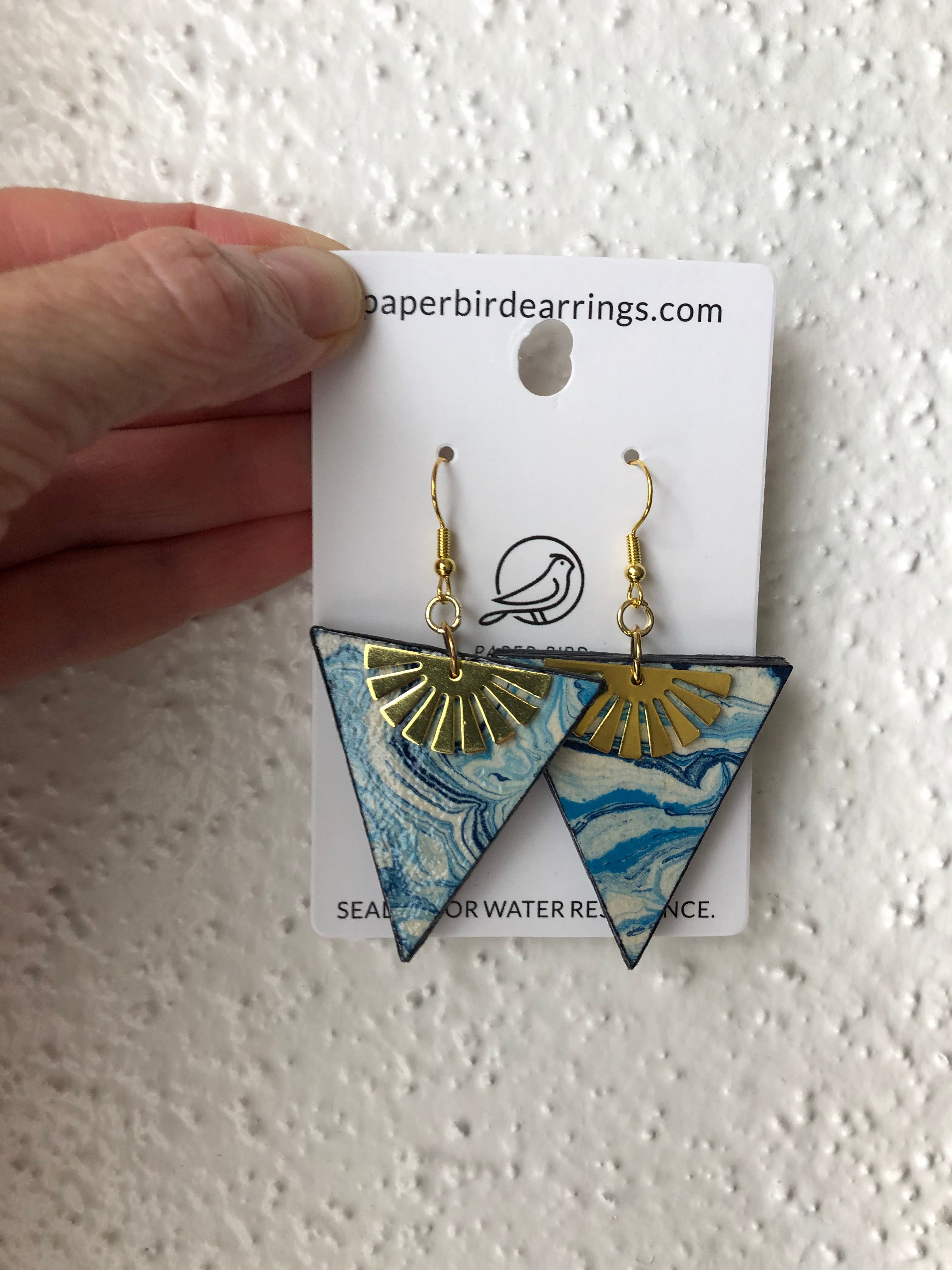 Sky-blue Marble Triangle – Paper Bird Earrings